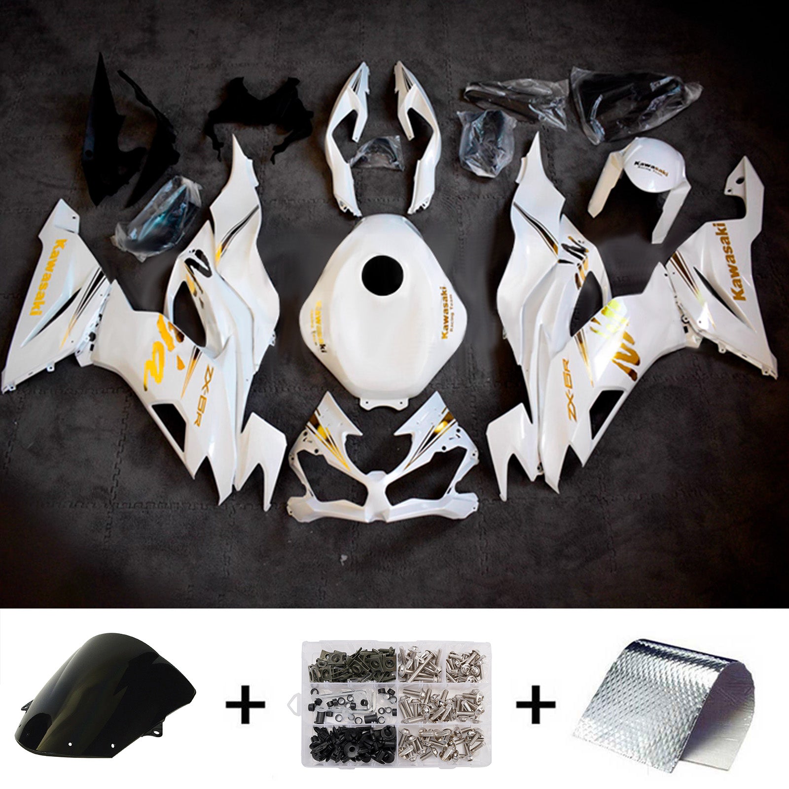 Amotopart 2019-2023 Kawasaki ZX6R White Gold Fairing Kit
