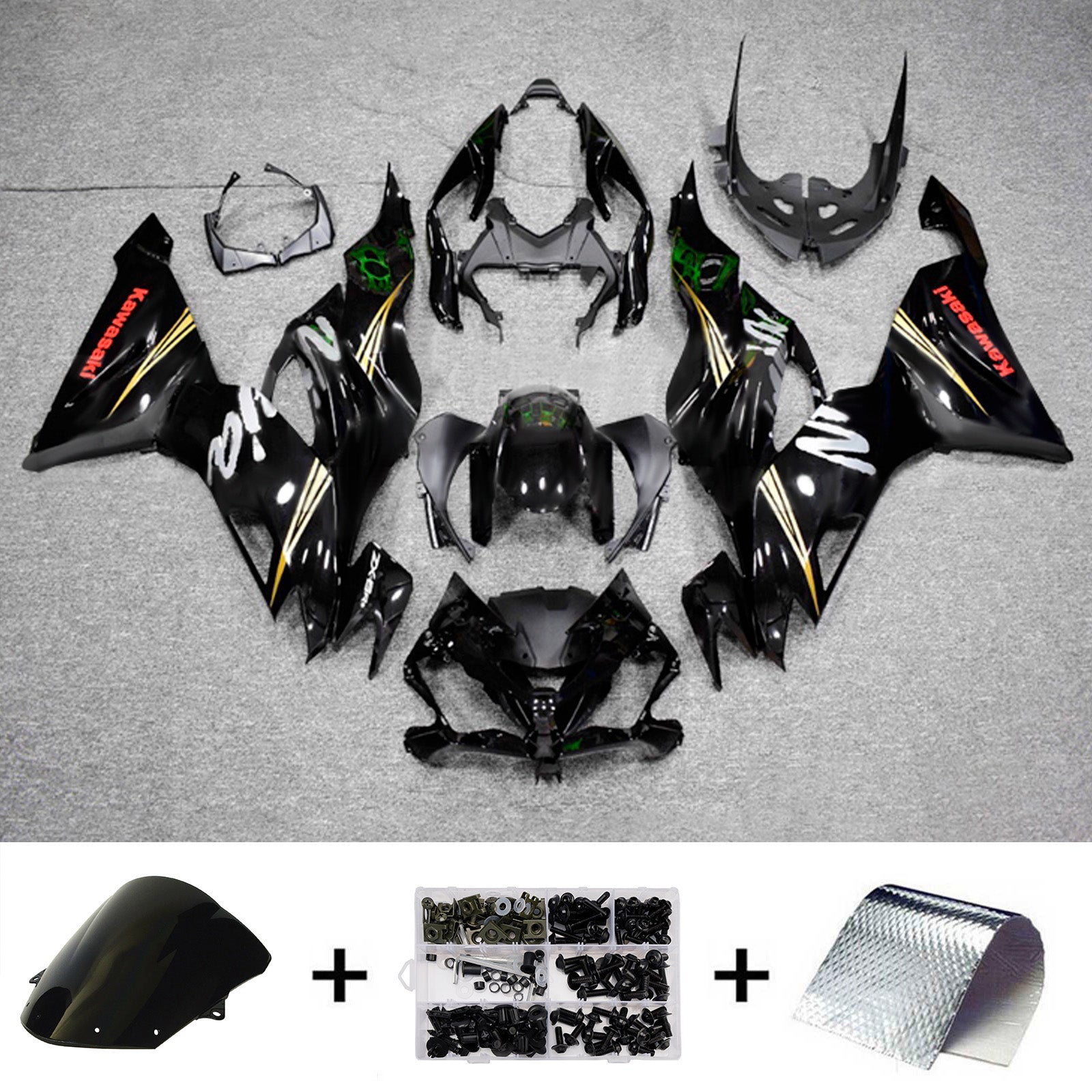 Amotopart 2019-2023 Kawasaki ZX6R Black Gold Silver Red Fairing Kit