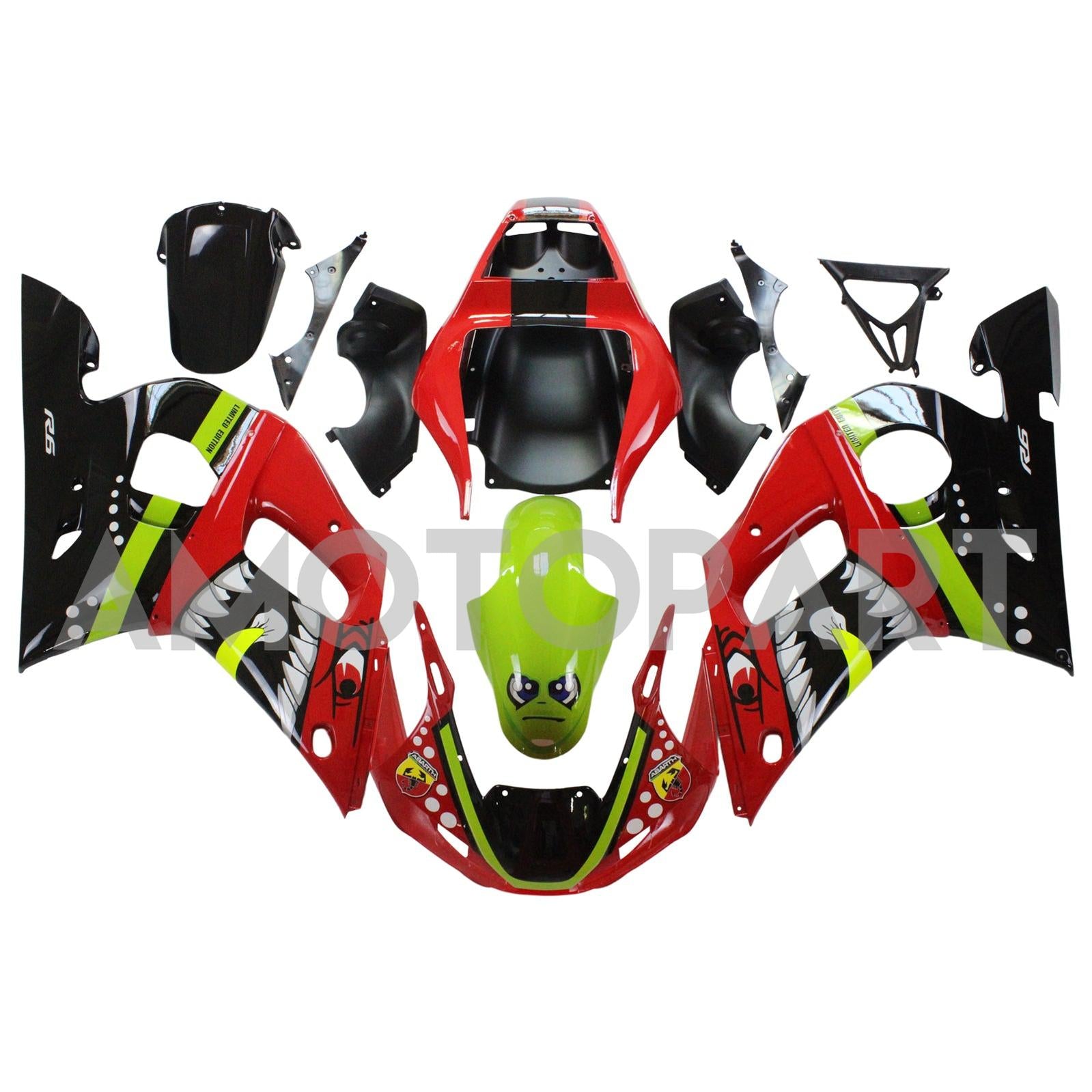 Amotopart 1998-2002 YZF 600 R6 Yamaha Red&Green Shark Teeth Fairing Ki