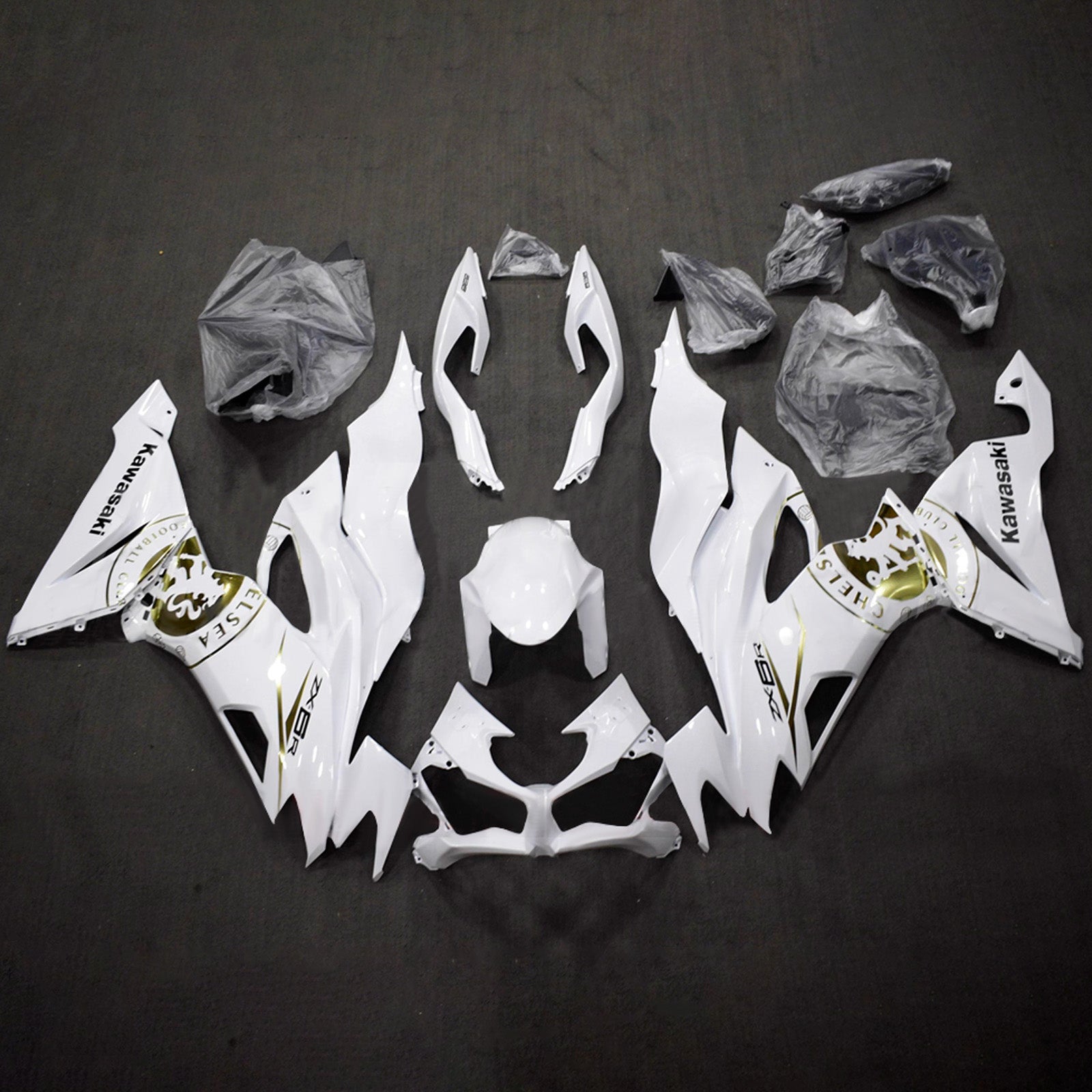Amotopart 2019-2023 Kawasaki ZX6R White Gold Fairing Kit