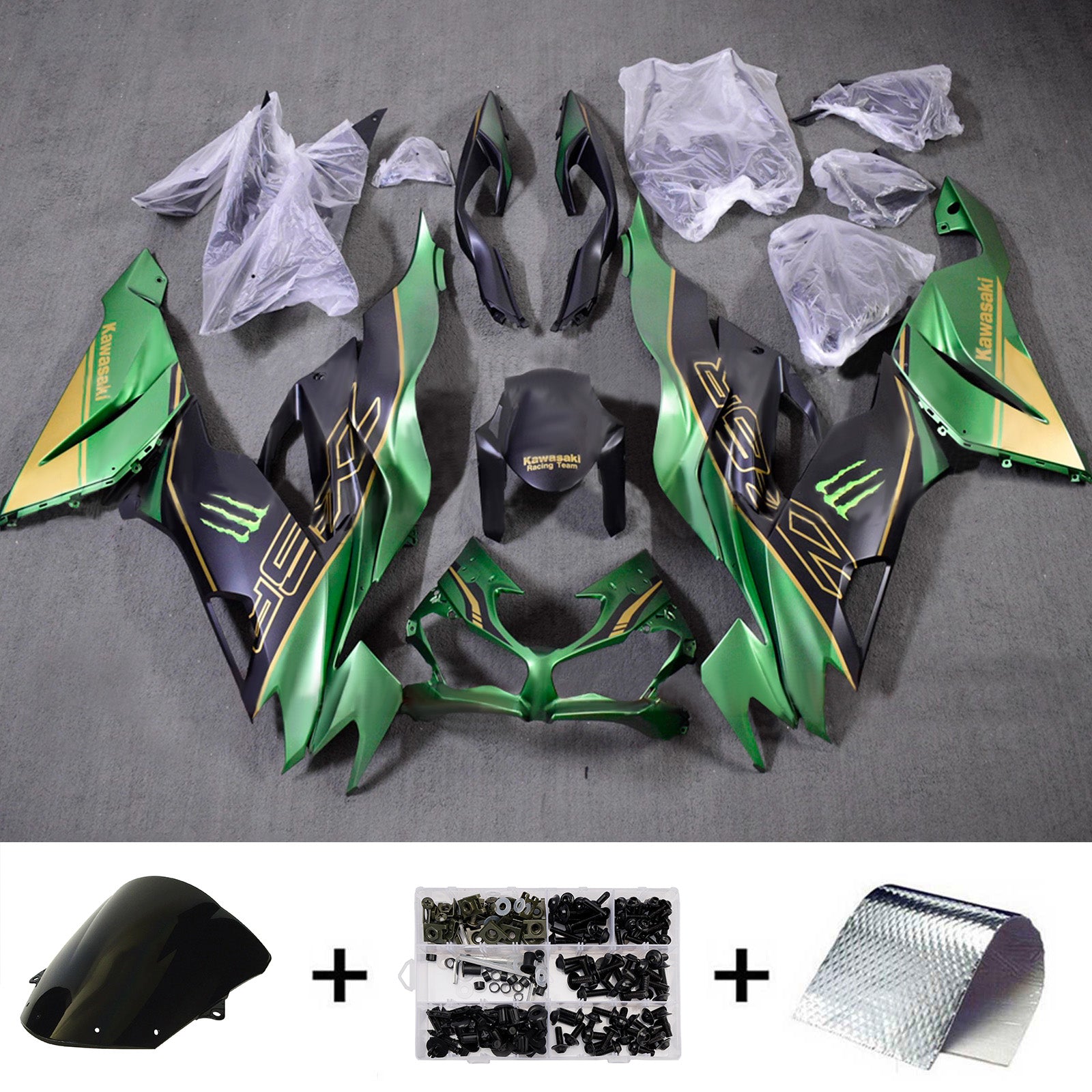 Amotopart 2019-2023 Kawasaki ZX6R Green Black Gold Fairing Kit